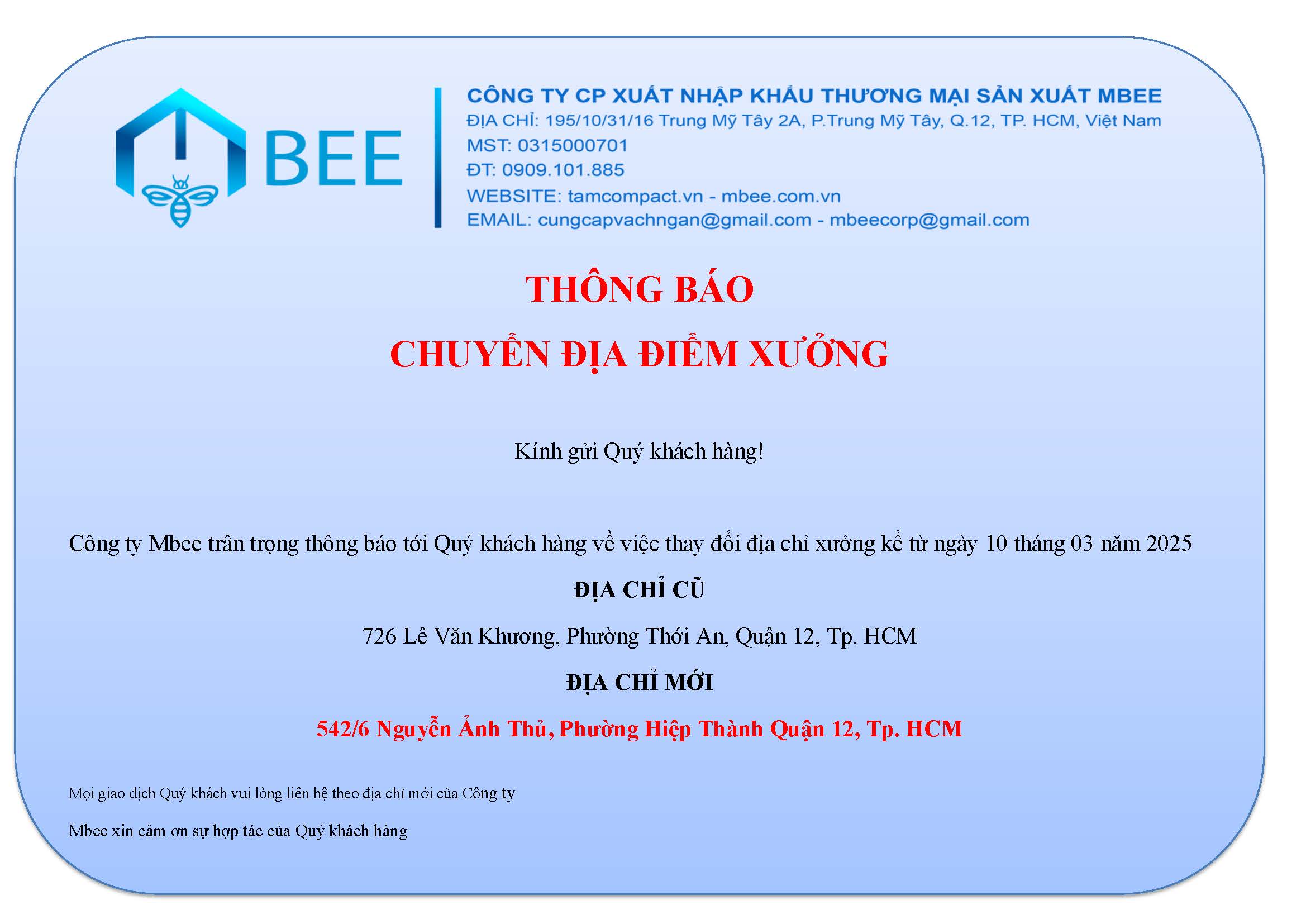 THÔNG BÁO CHUYỂN ĐỊA ĐIỂM CÔNG TY 📢 - Mbee